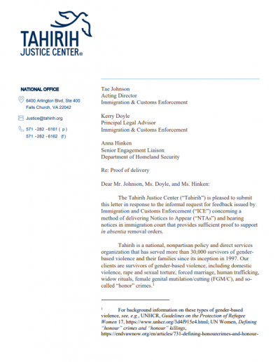 Letter to ICE on Order of Removal - Tahirih Justice Center Tahirih ...